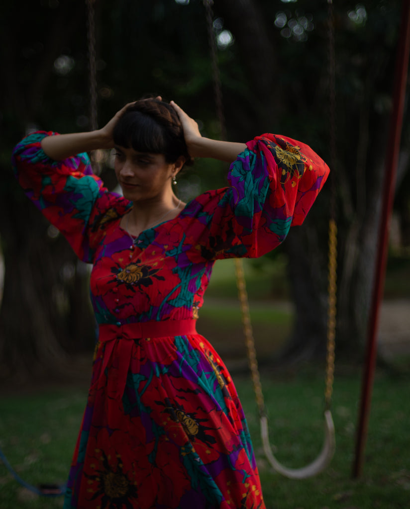 1960s/70s Frank Usher poppy print balloon sleeve maxi dress, small-med ...